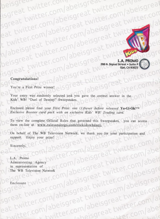 Kids' WB! Duel of Destiny promotional card - Yugipedia